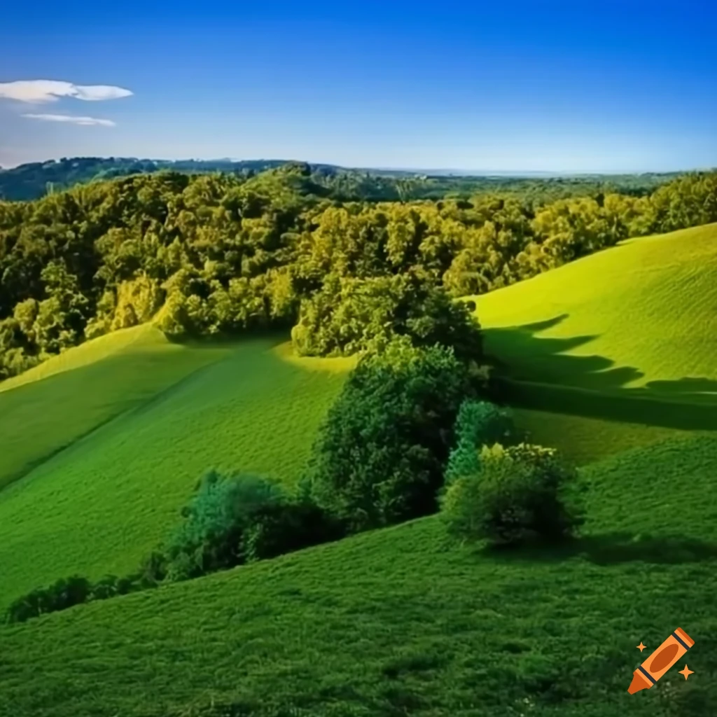 Wide-angle view of lush belgian countryside with fields, trees, woods ...