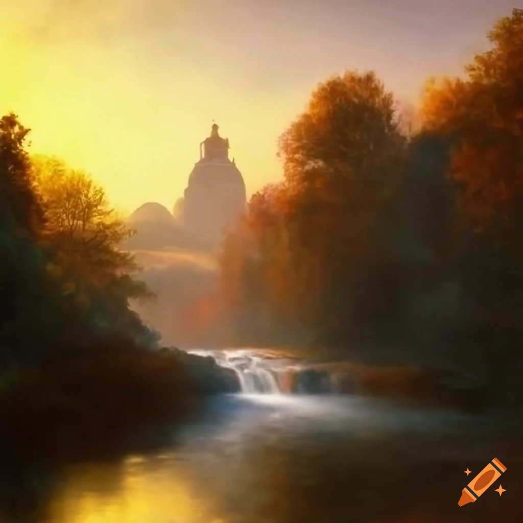 Monet-inspired landscape painting with a baroque balcony and a meadow