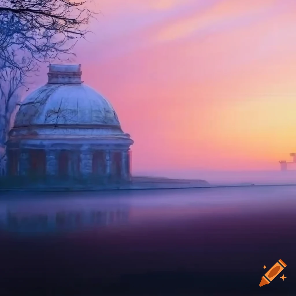 Monet-inspired artwork of a balcony overlooking a watercourse at dawn ...