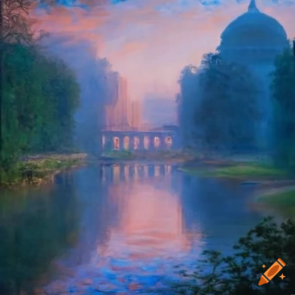 Monet painting of a baroque balcony overlooking a meadow at dawn on Craiyon