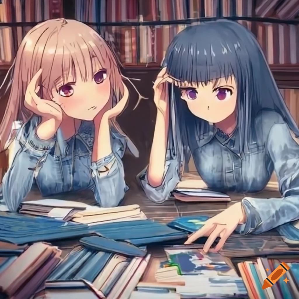 Anime girls studying at an outdoor market on Craiyon