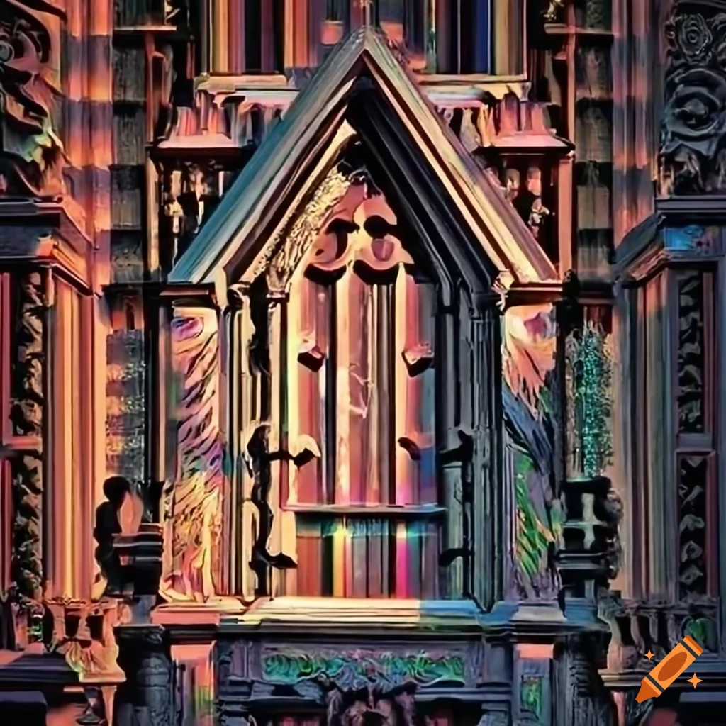 Prismatic architectural stave carving artwork on Craiyon