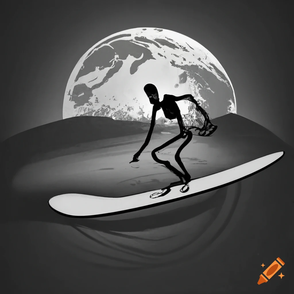 Skeleton riding a wave on a surfboard artwork on Craiyon