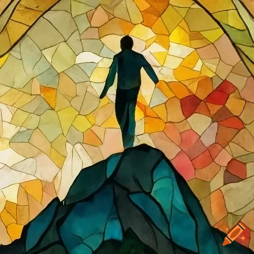 Stained glass illustration of a man on a mountain on Craiyon