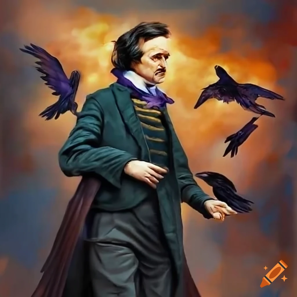 Edgar allan poe walking with flying ravens