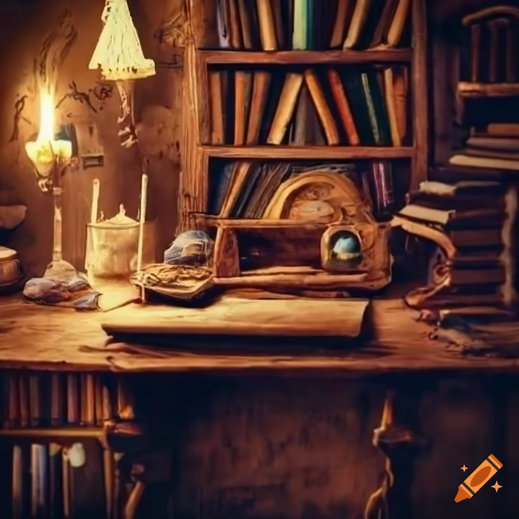 Photo of a wizard's desk with an old scroll and magical books on Craiyon