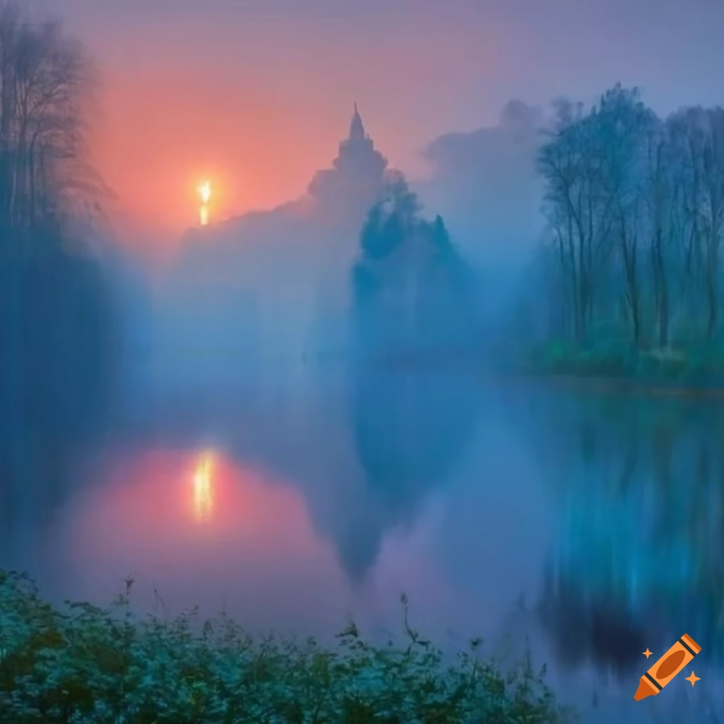 Impressionist painting of a lake with a small island and headlands on ...