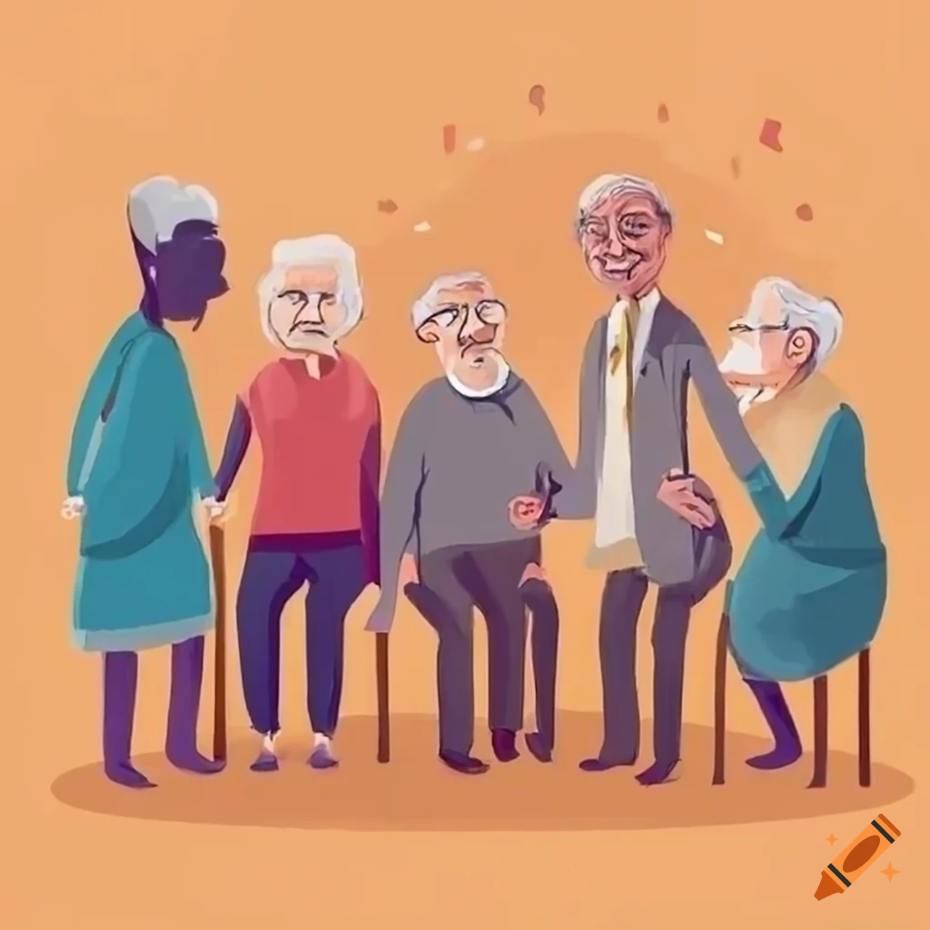 Sketch of senior citizens bonding at a community center on Craiyon