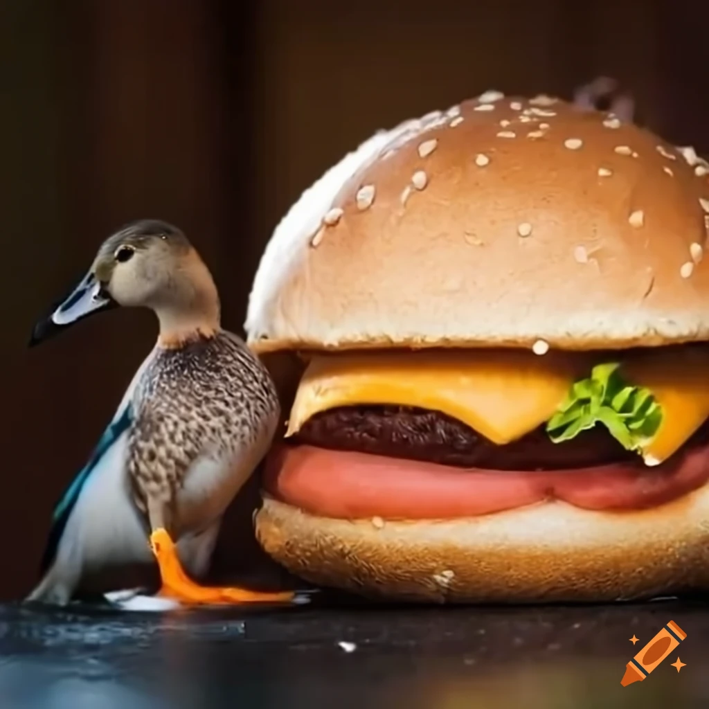 Duck eating a burger while a cat looks on on Craiyon