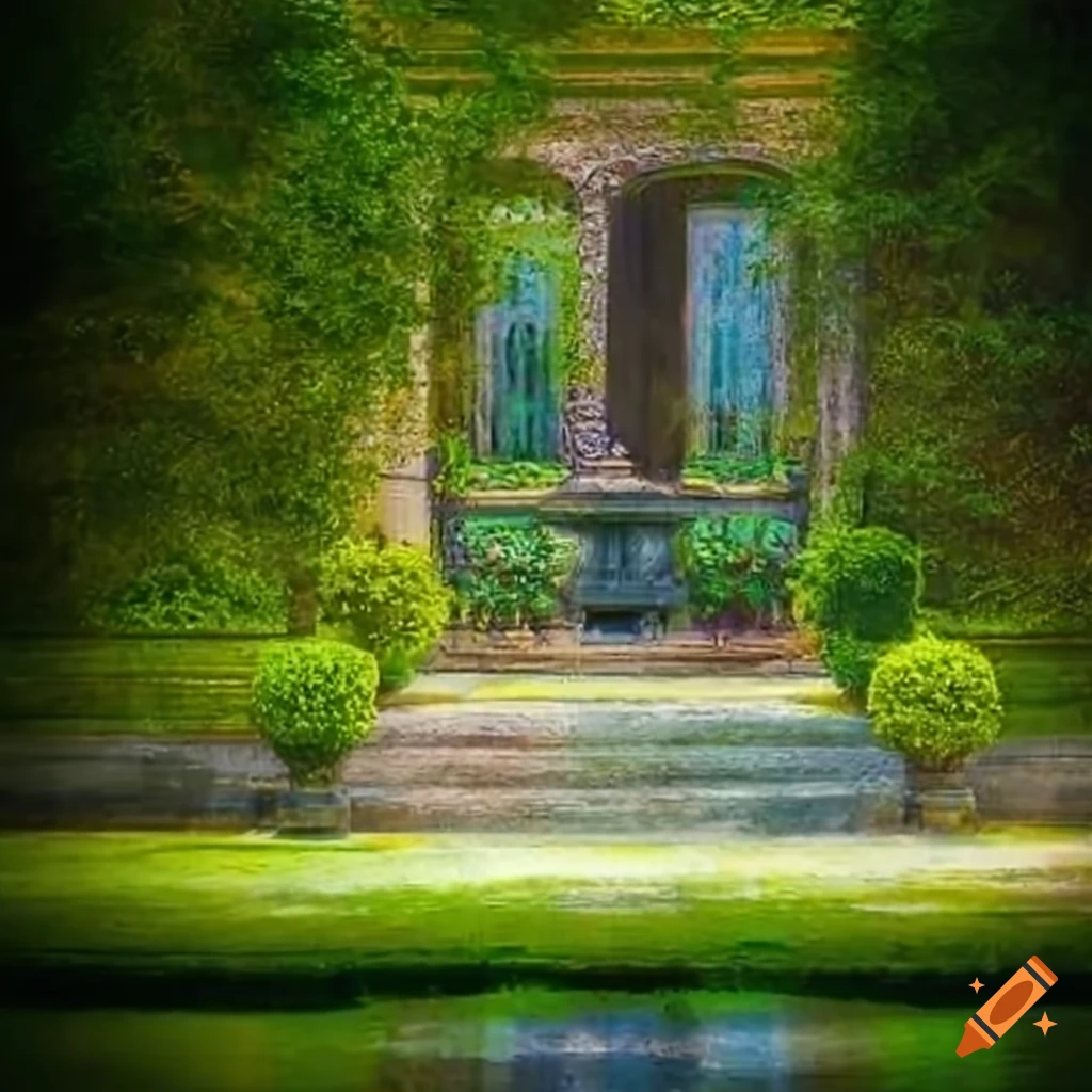 Monet-inspired garden landscape through a window on Craiyon