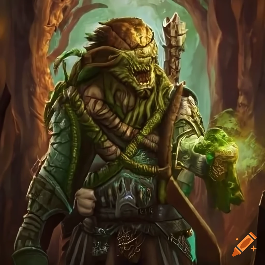 Illustration of a dragonborn with green scales and dreadlocks on Craiyon