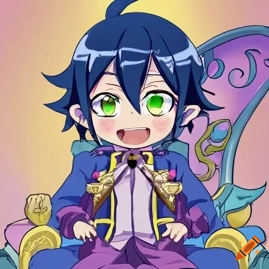 Chibi Iruma Suzuki with smug face sitting on a throne on Craiyon