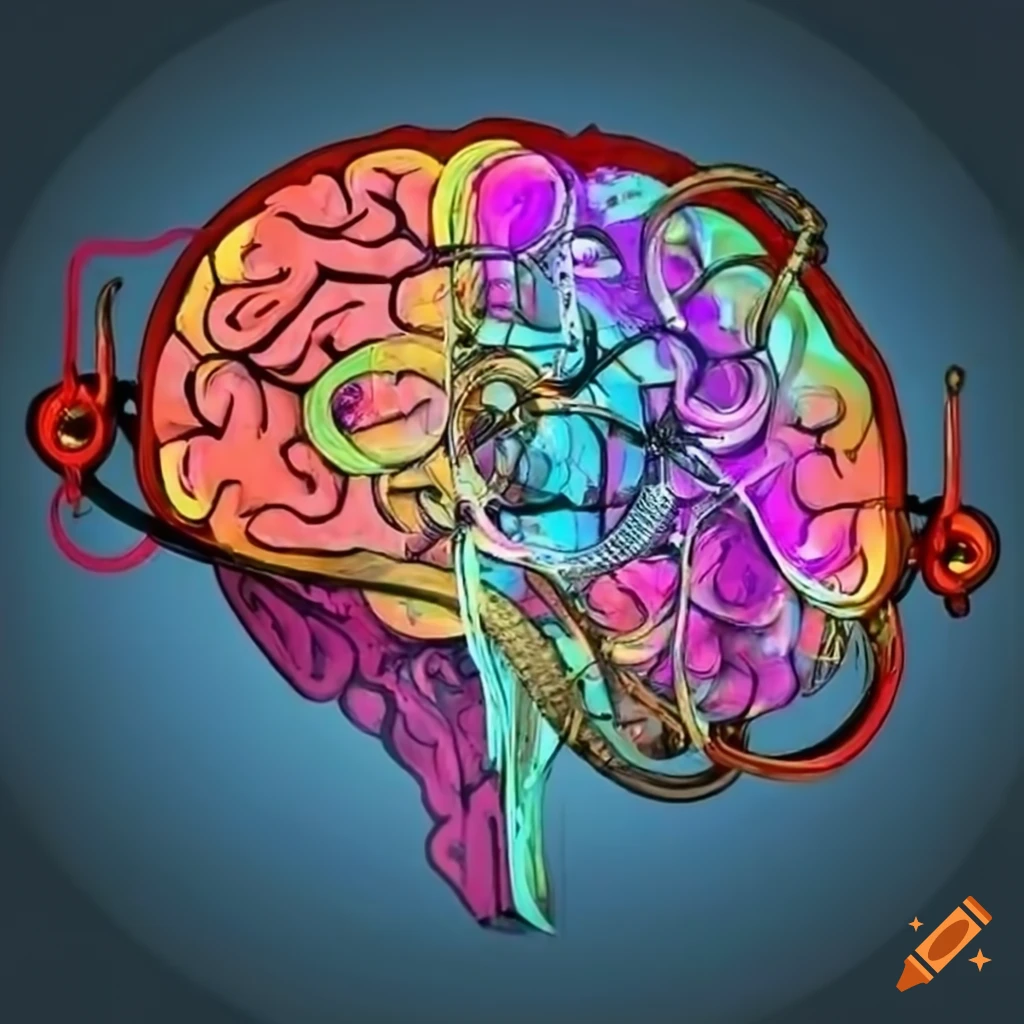 Steampunk-style colorful brain with wires and levers