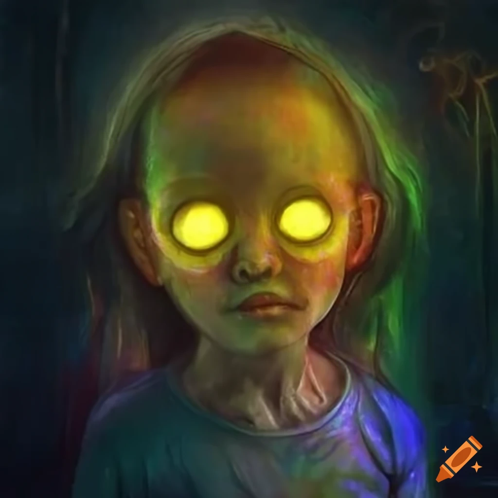 Mysterious artwork with lovecraft-style featuring a child with glowing ...