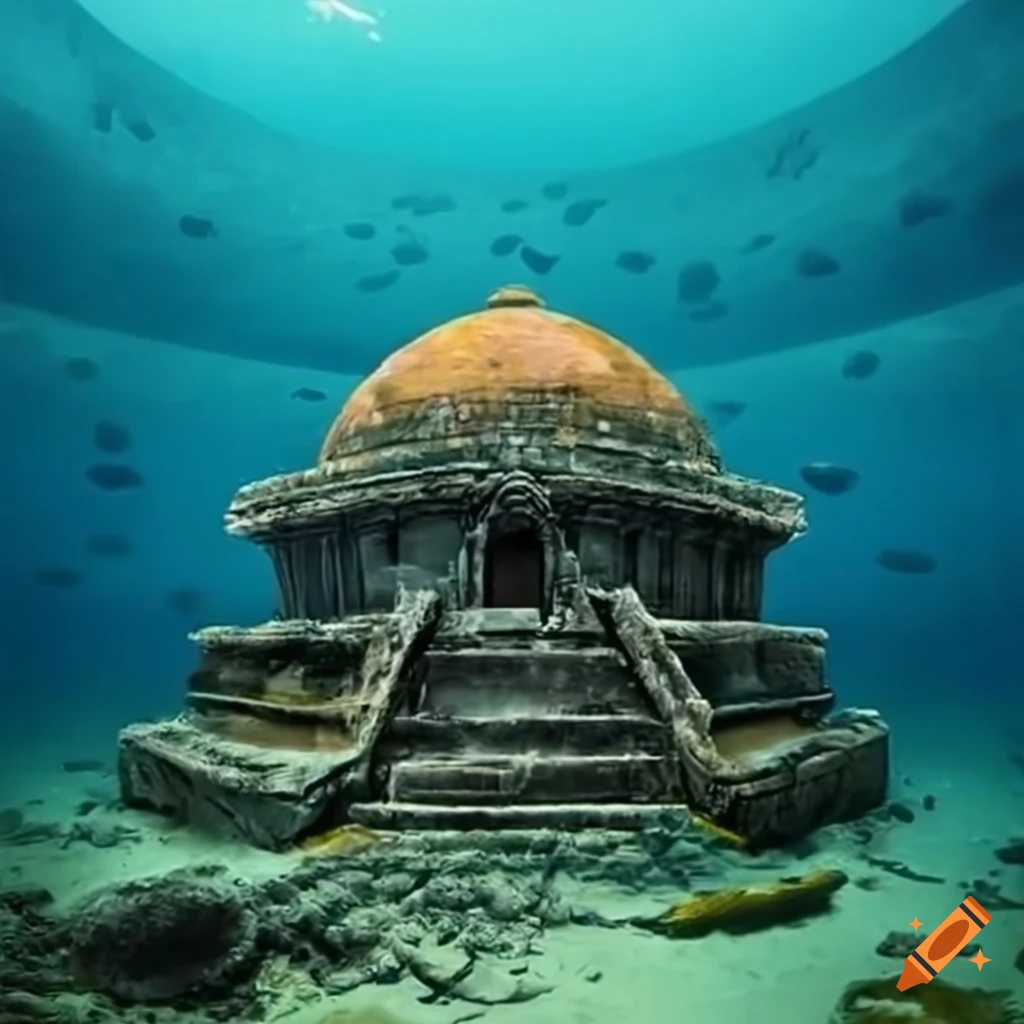 Image of an underwater ancient temple with a broken dome on Craiyon