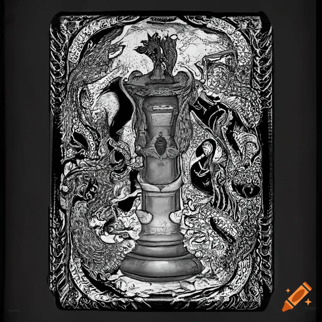 Black and white tarot card with dragons and chess pieces on Craiyon