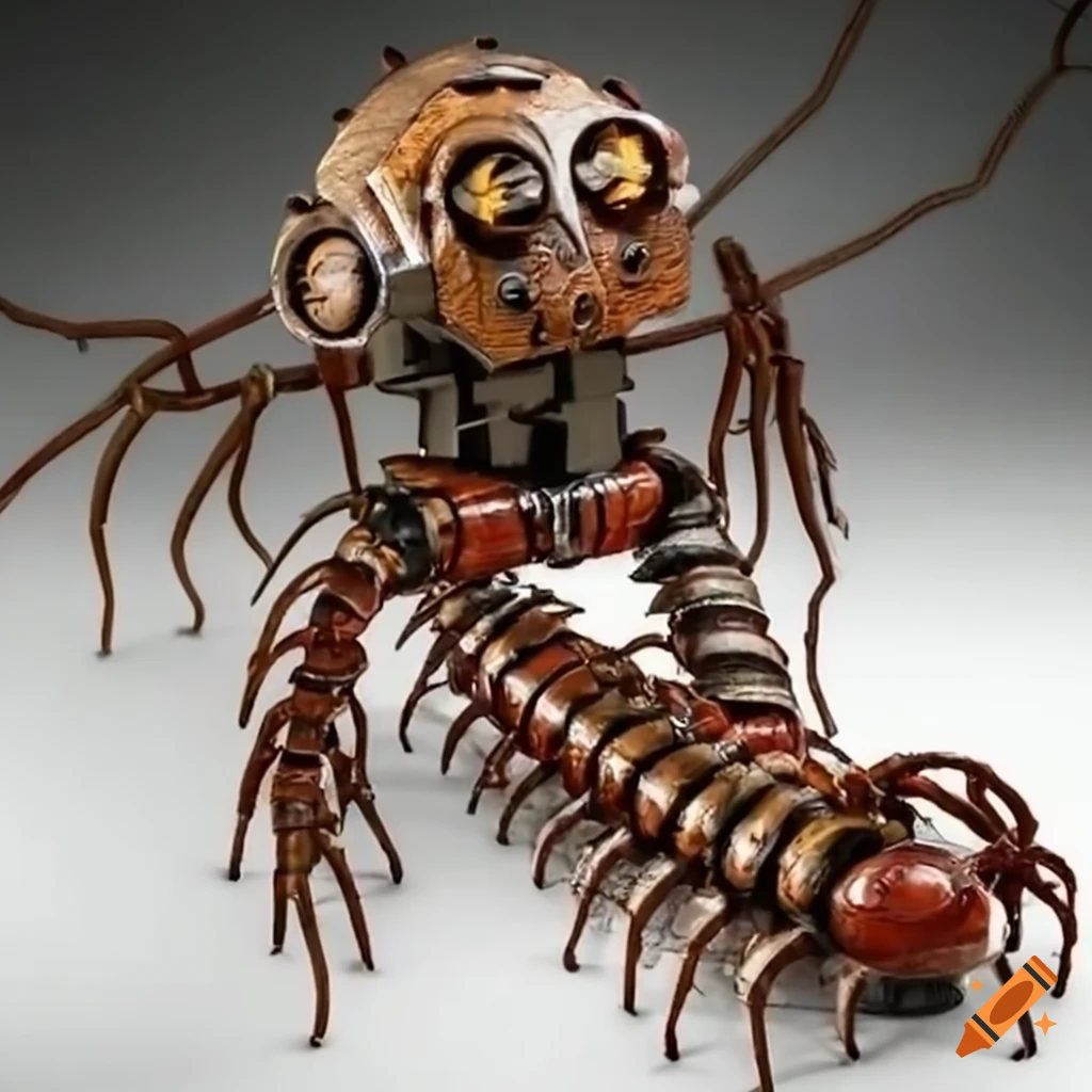 Warforged centipede-like robot made of metal and wood on Craiyon