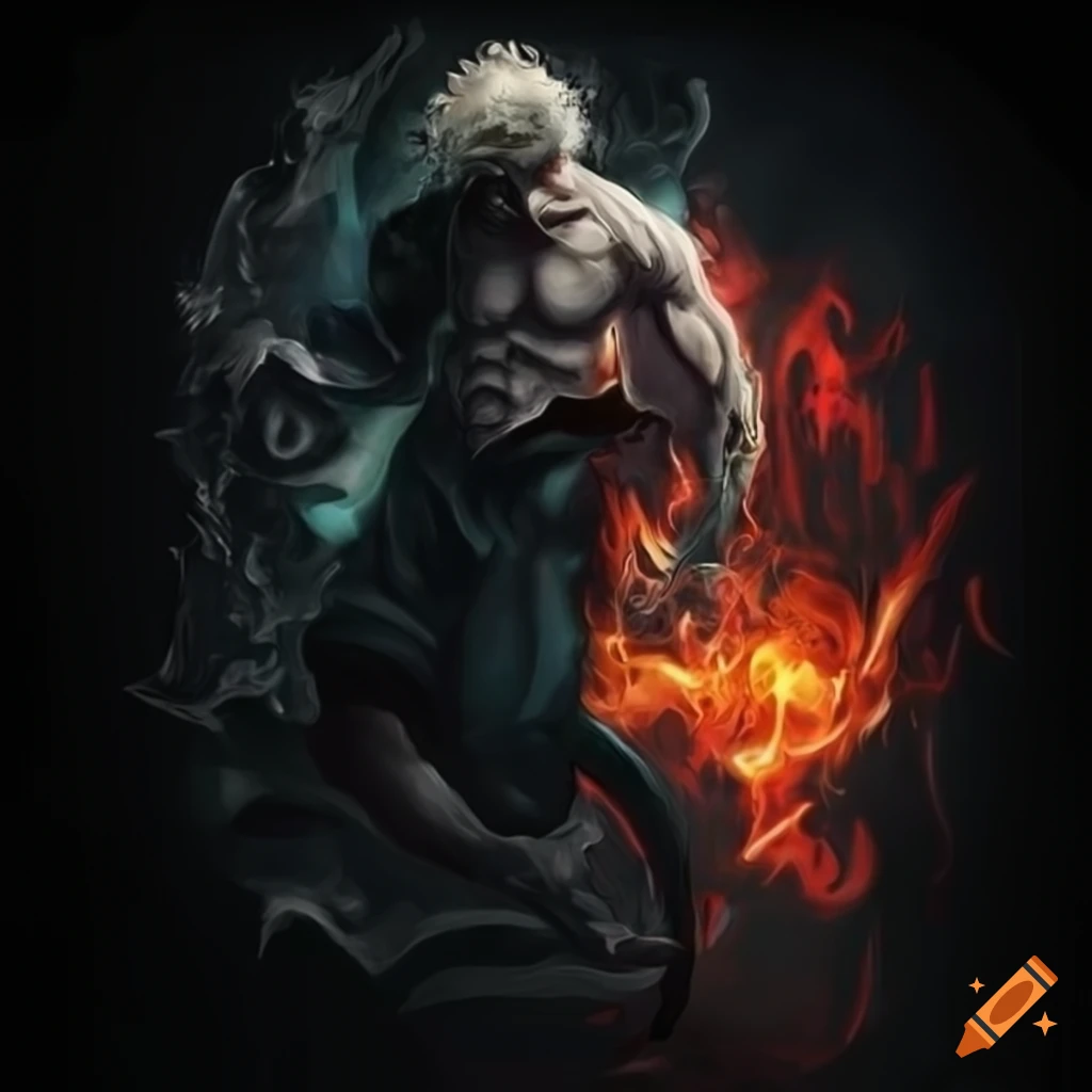 Dark abstract art of a flaming fighter on Craiyon