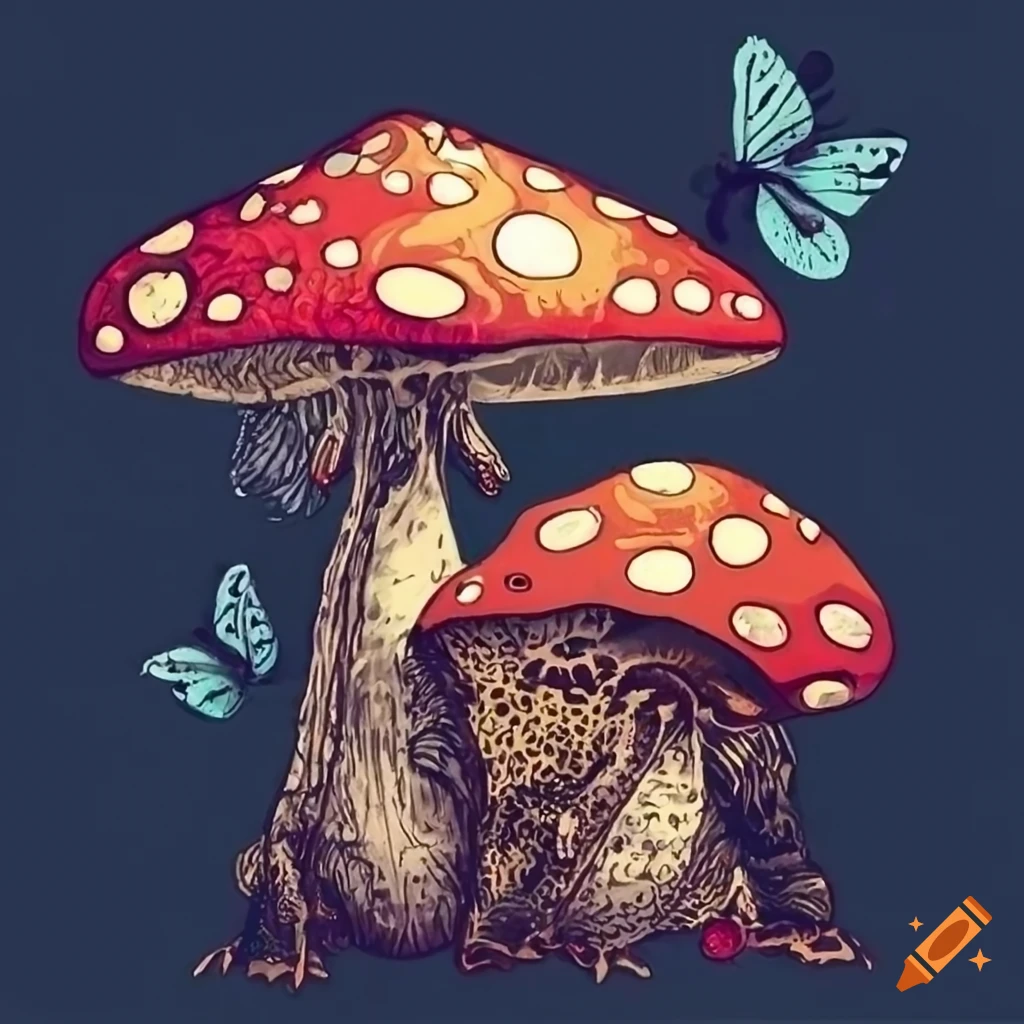 Pencil art of mystical mushroom with toads and butterflies on Craiyon