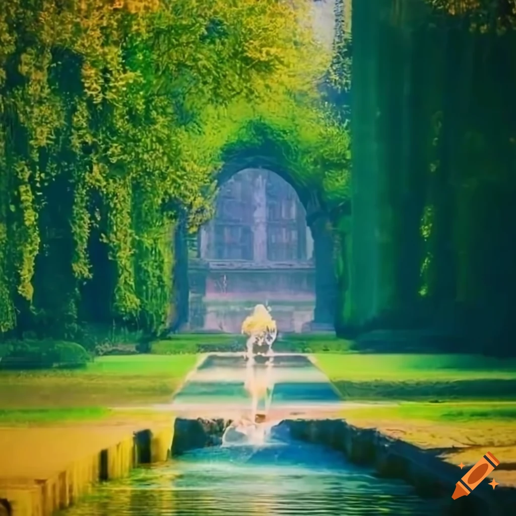 Monet-inspired garden view through a window