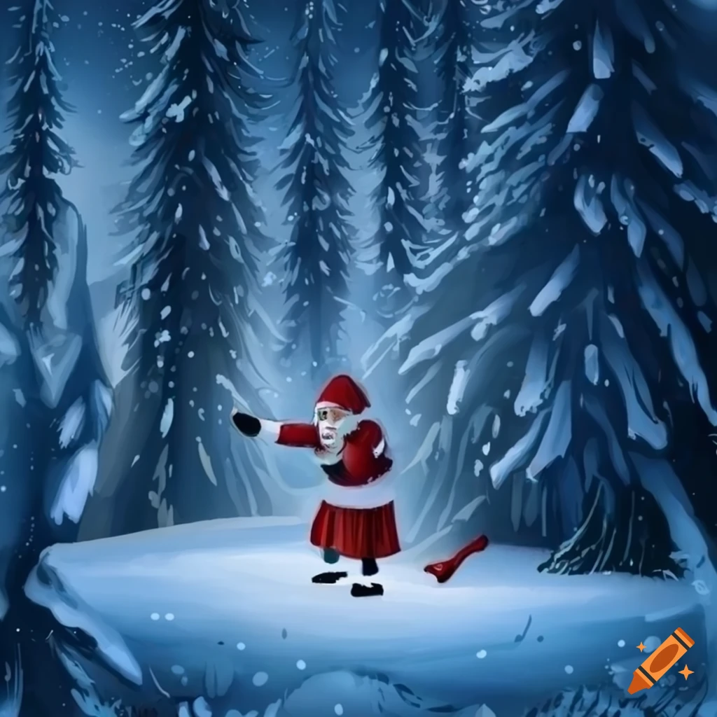 Illustration of Santa Claus in a snowy forest on Craiyon