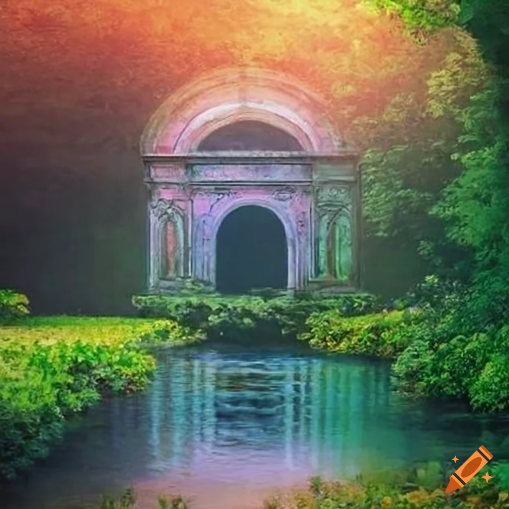 Large white greek temple with thermal pools, mountain, vegetation, and ...