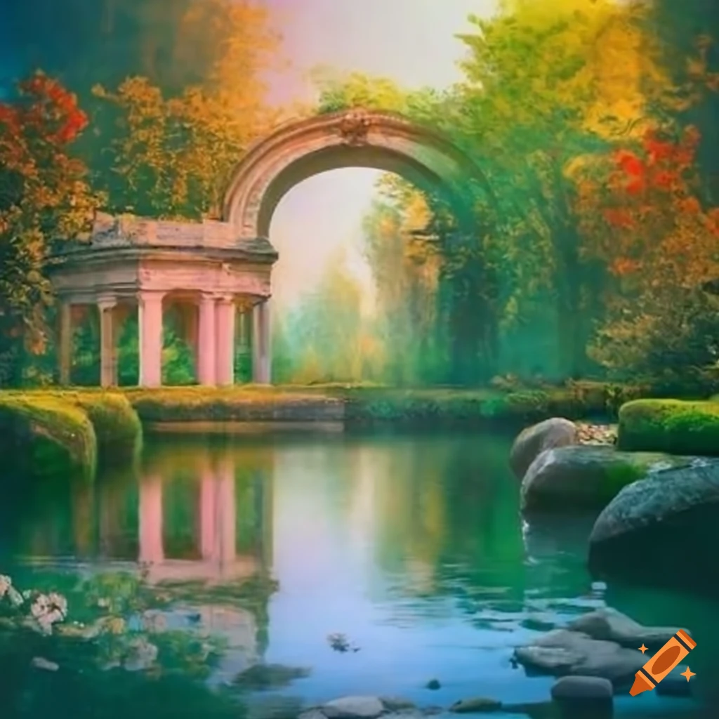 Monet-inspired garden scene with a stone fountain and pink mausoleum on ...