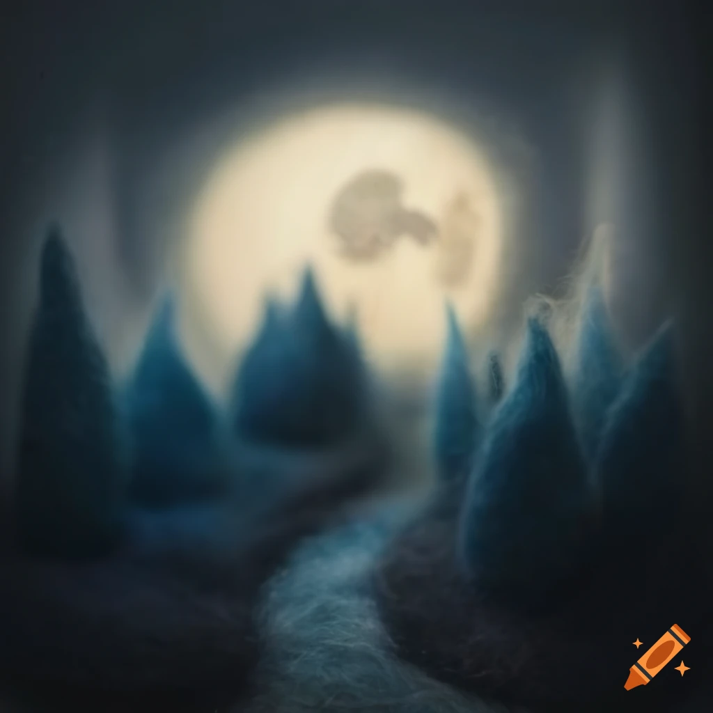 Felted wool diorama of a foggy night scene on Craiyon