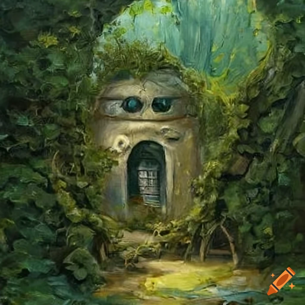 Oil painting of a small robot house in a magical swamp on Craiyon