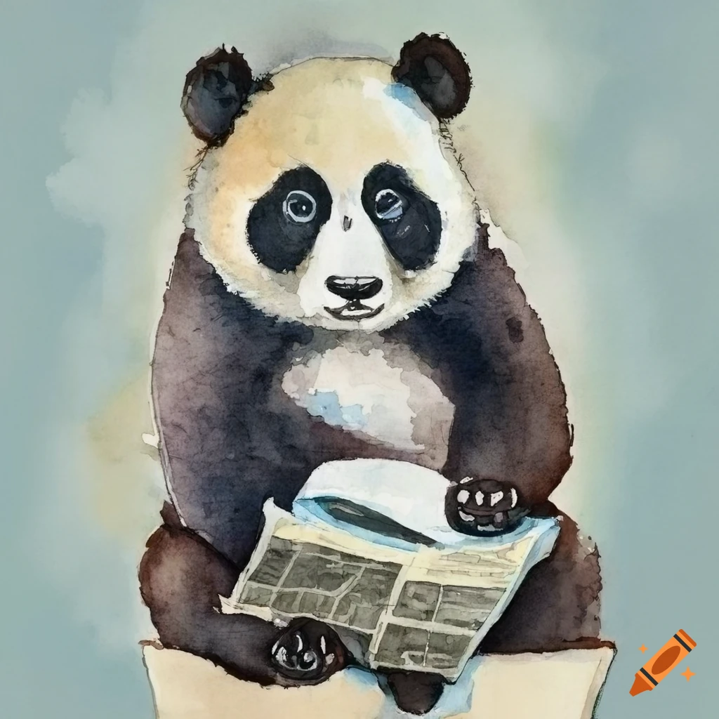 Watercolor painting of a panda bear reading newspaper on a toilet