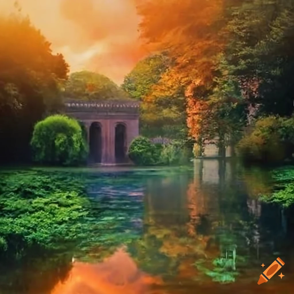 Monet-inspired landscape painting with a baroque balcony and a ...