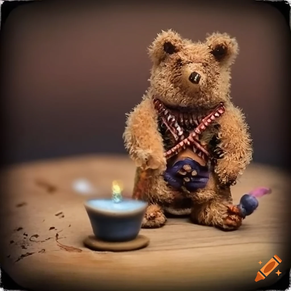 Miniature scene of a shaman teddy-bear performing a healing ritual on ...