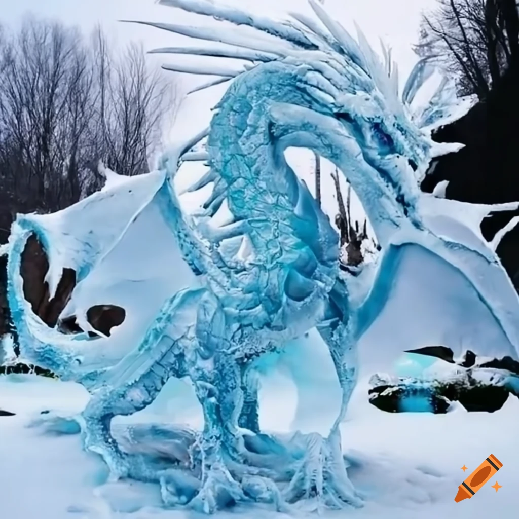 Ice dragon sculpture made from clear ice blocks with sharp icicle teeth ...