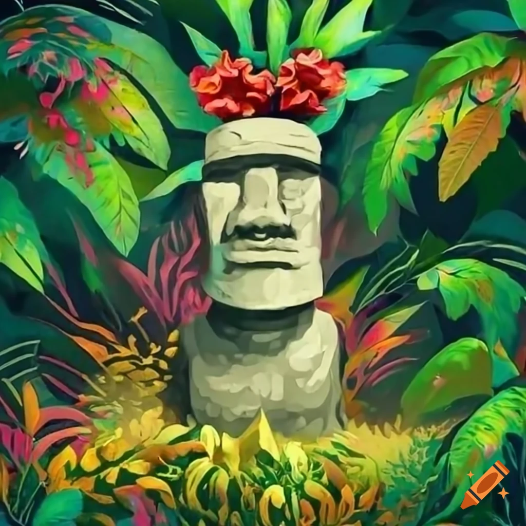 Vibrant foliage surrounding a moai statue