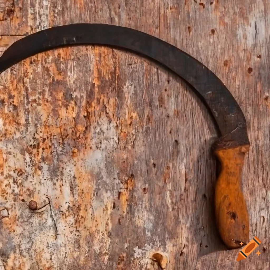 Close-up of a rusty sickle with wooden chainsaw teeth on Craiyon