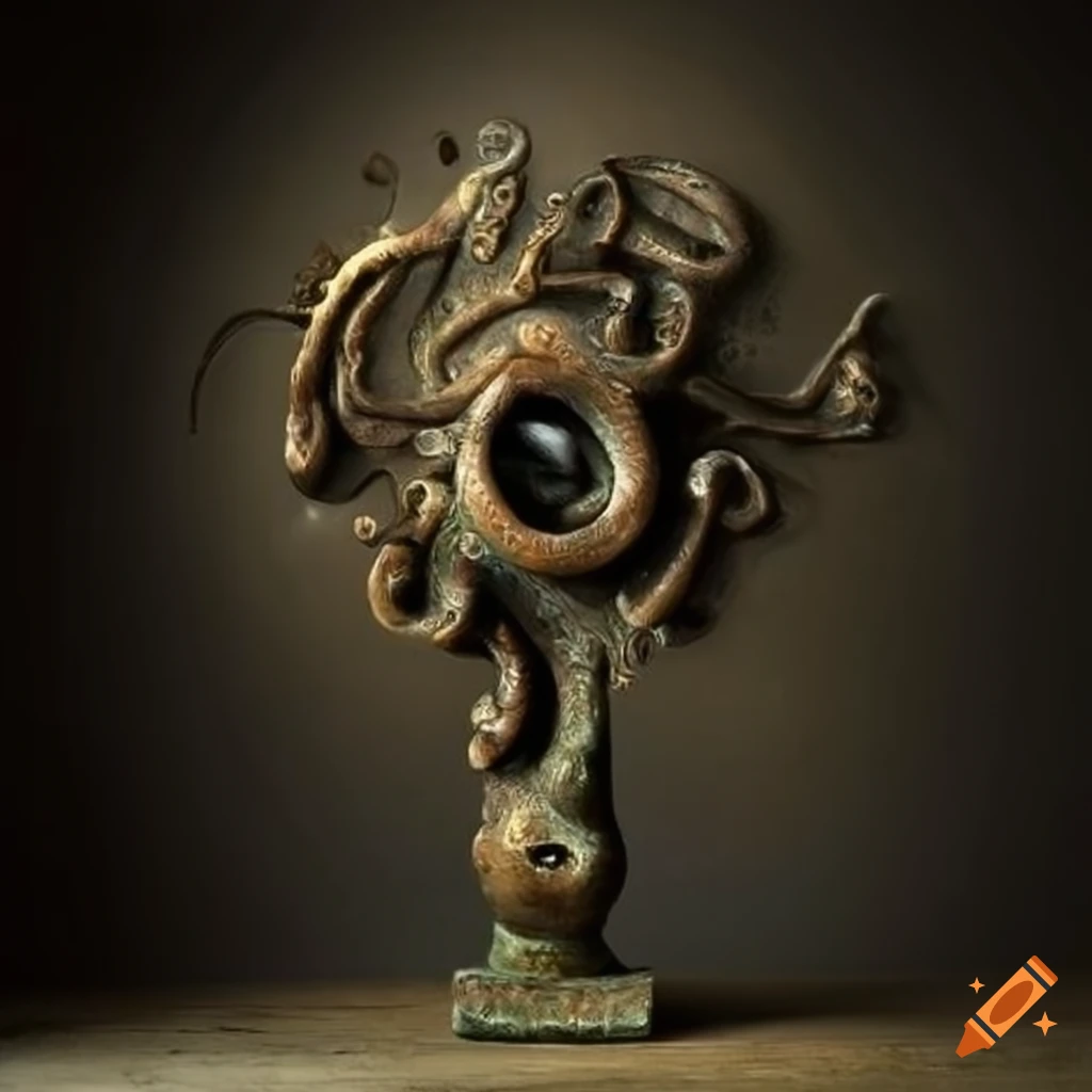 Bronze artifact on an elder table with lovecraft-style artwork on Craiyon
