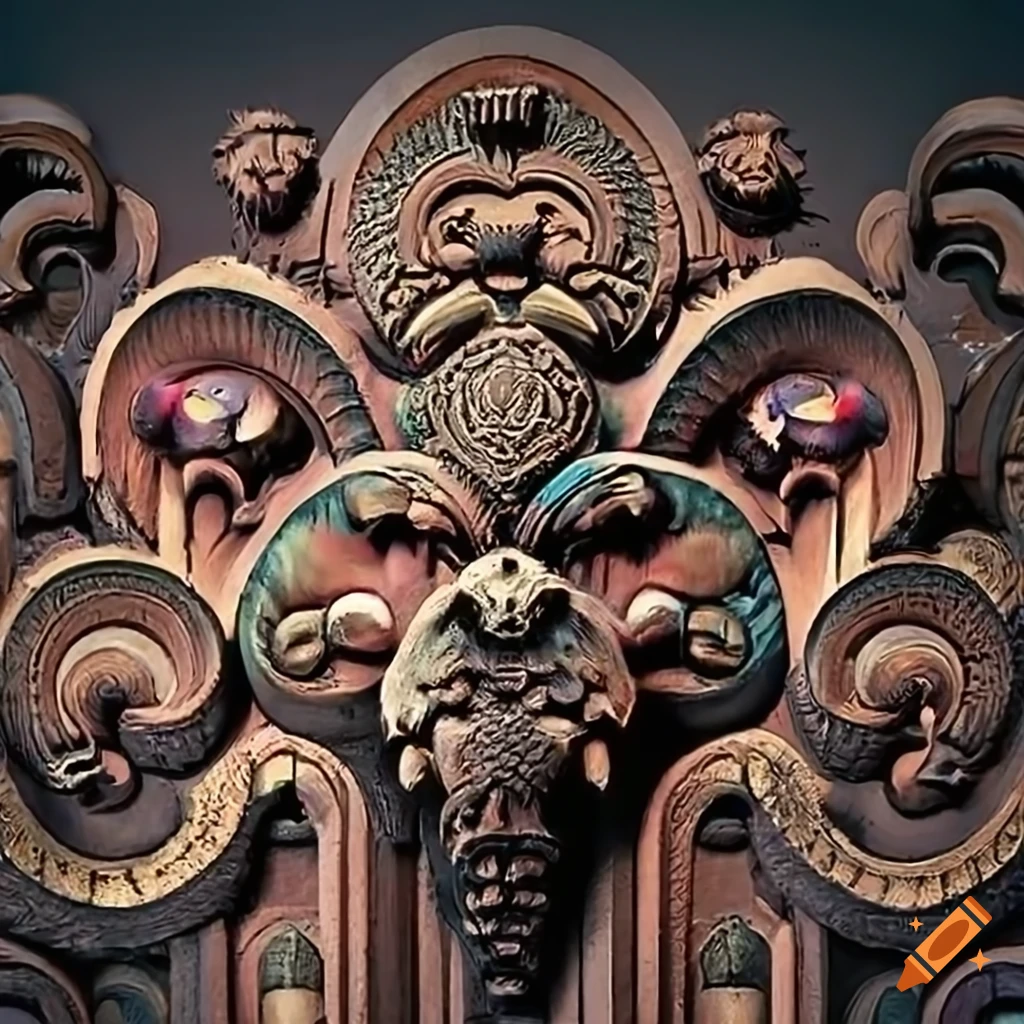 Detailed carving of a shrine with moth motif on Craiyon