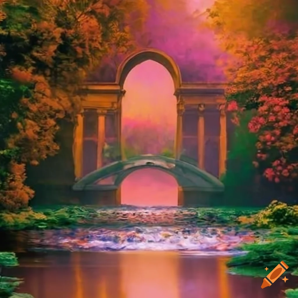 Monet-inspired garden with a stone fountain on Craiyon