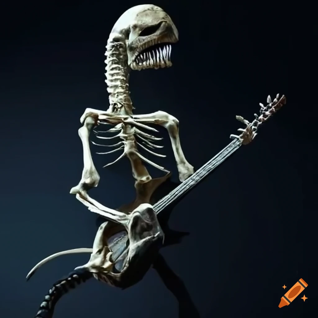 Artistic illustration of a rock'n'roll dinosaur skeleton on Craiyon