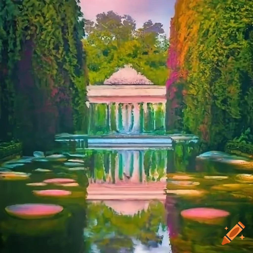 Monet-inspired garden scene with a baroque fountain on Craiyon