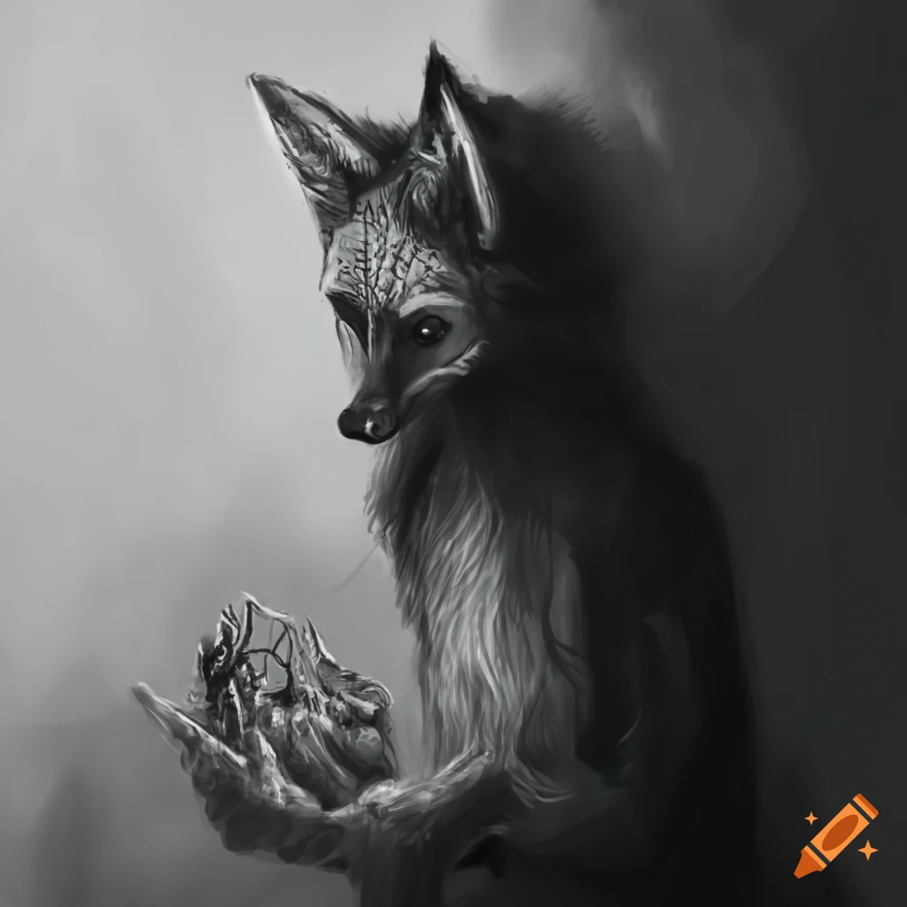 Monstrous fox artwork in black and white on Craiyon