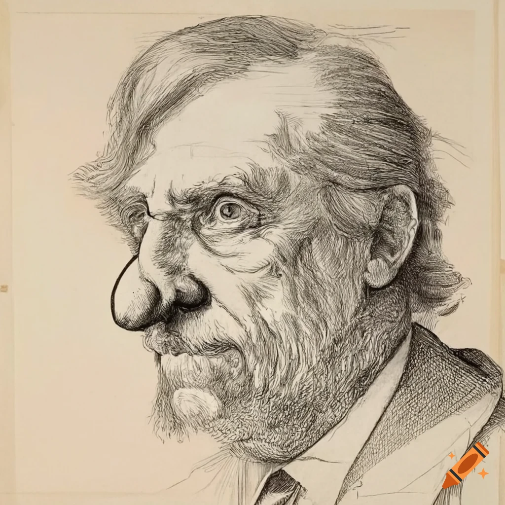 Detailed illustration of a man with a long nose working on Craiyon