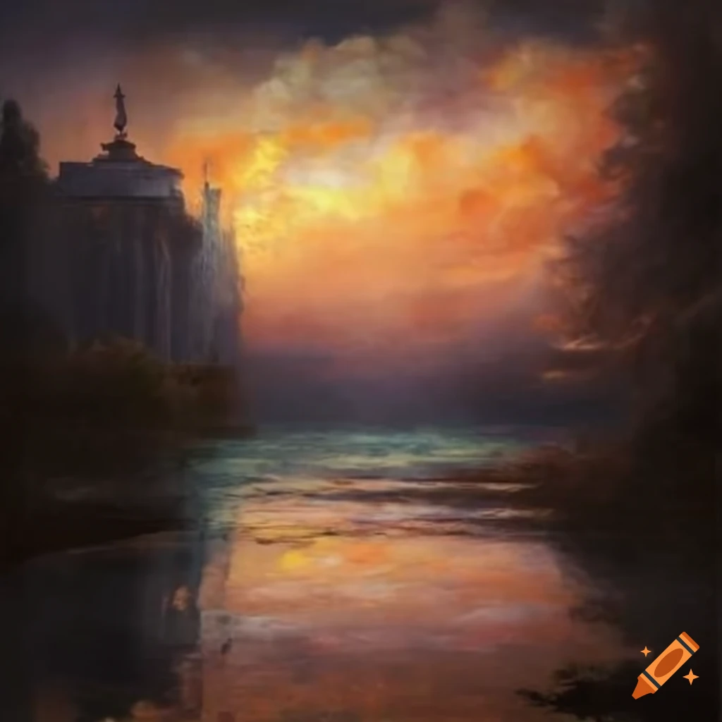 Baroque painting of a lakeside mausoleum with a glass veranda