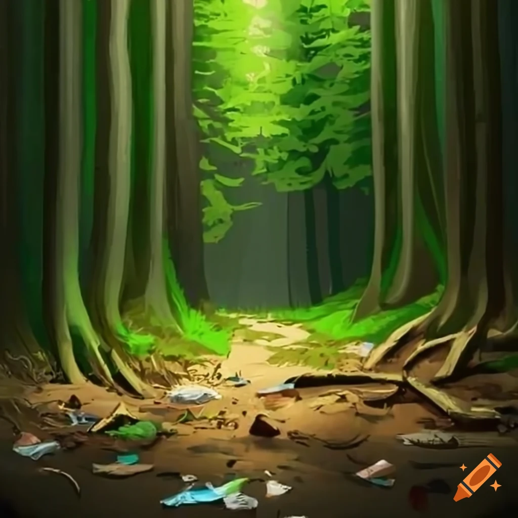 A polluted forest with scattered garbage on Craiyon
