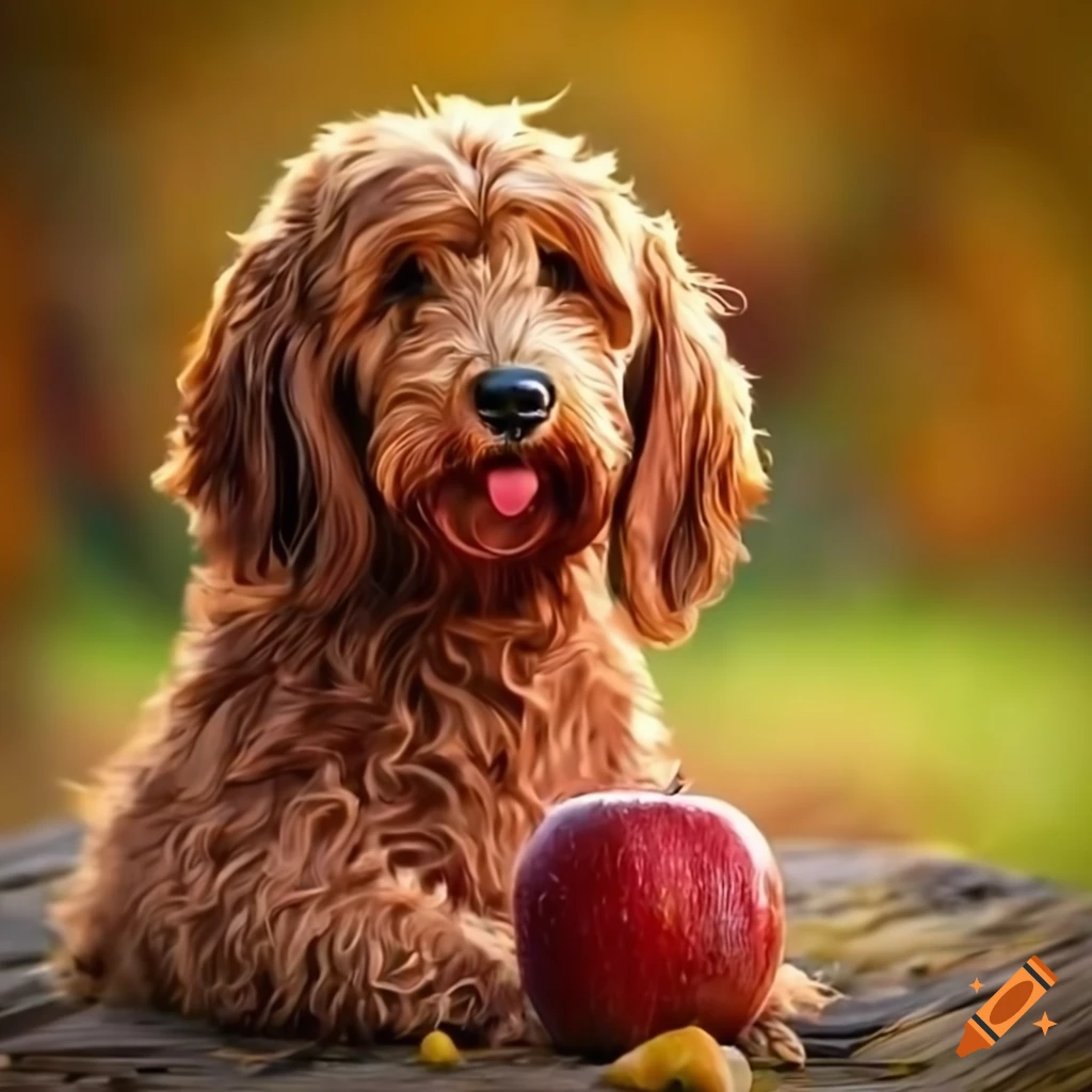 Red golden doodle dog with an apple in fall on Craiyon