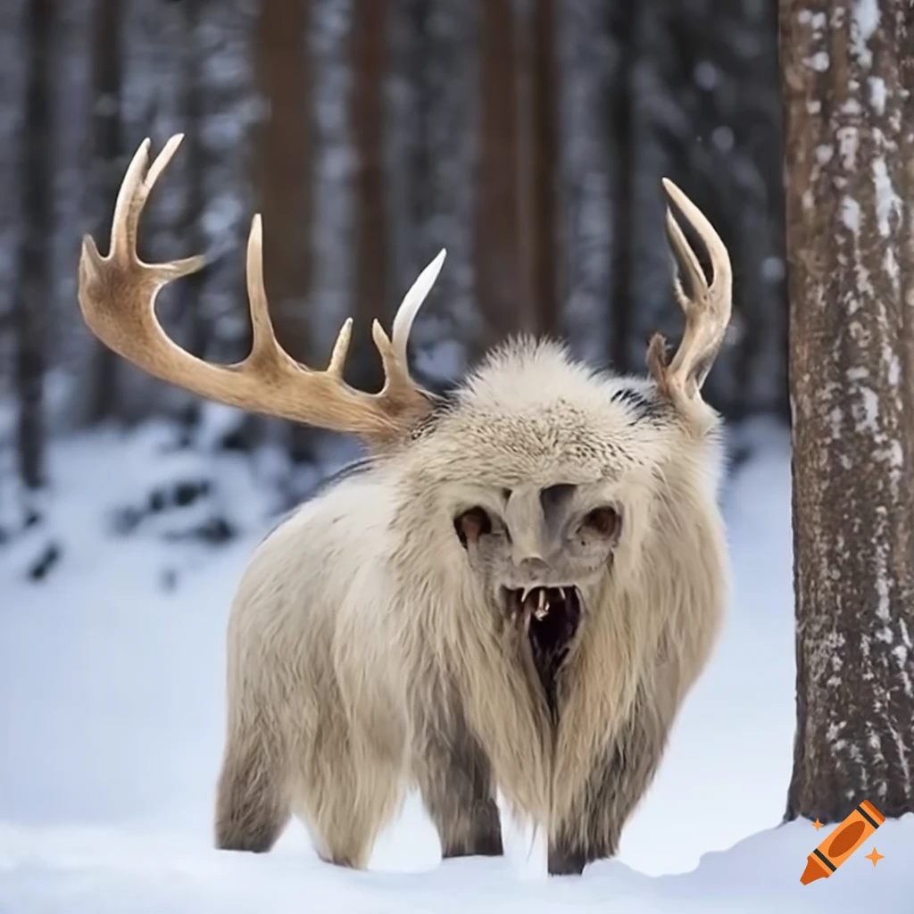 Creature with white fur and elk horns in the winter woods on Craiyon