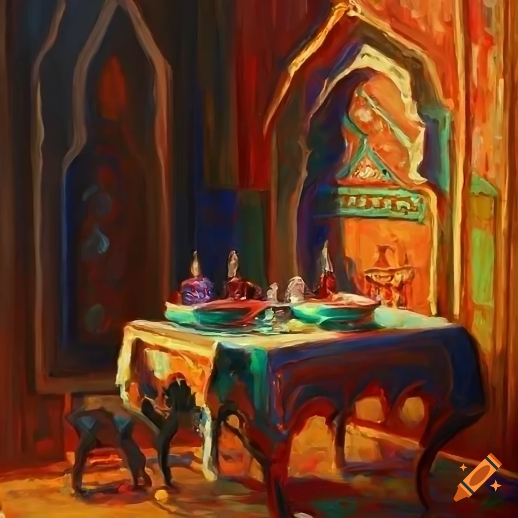 Impressionist painting of moroccan table and chairs on Craiyon