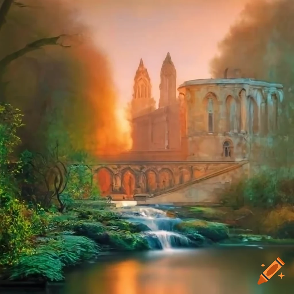 Monet-inspired landscape painting with a baroque balcony and a flowing ...