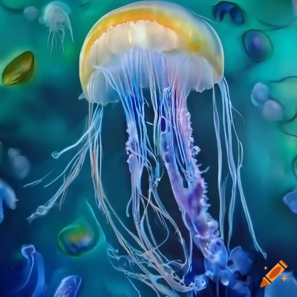 Impressionist painting of jellyfish and seaweeds in an aquatic setting ...