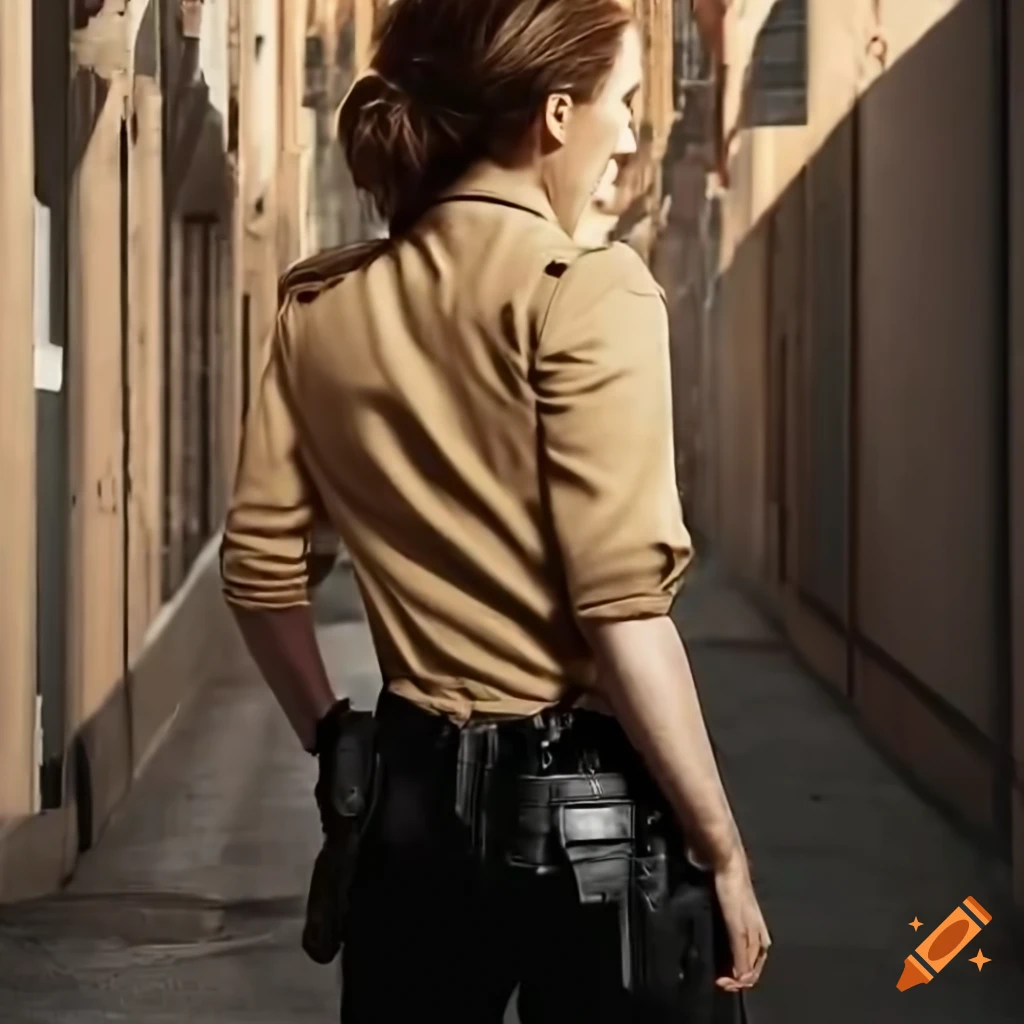 Detailed police photograph of Emma Watson as a police officer on Craiyon